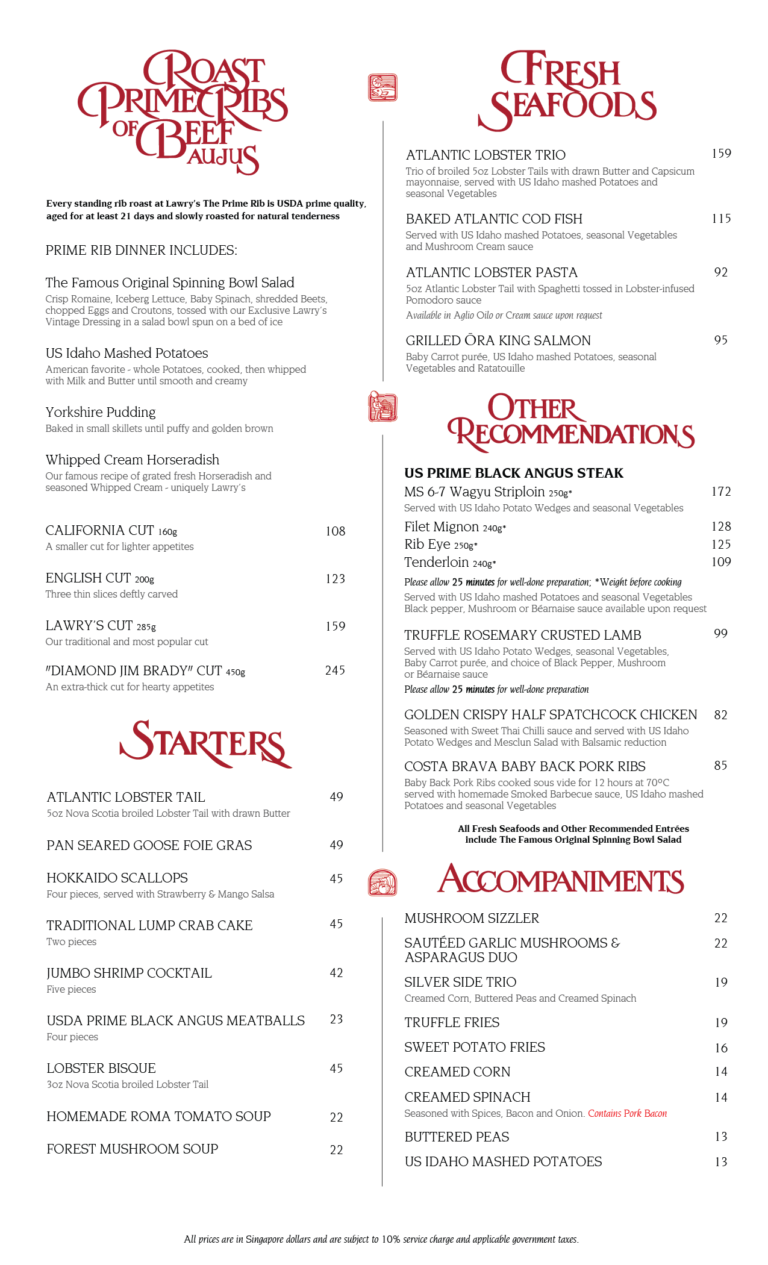 A la Carte Dinner Menu | Lawrys The Prime Rib Singapore